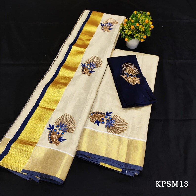 Kerala Tissue Set Mundu With Blouse Material / Indian | Etsy