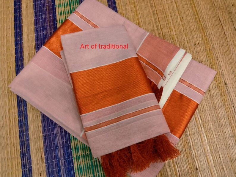 Kerala Copper Tissue Set Mundu With Kunchalam blouse Stitched - Etsy