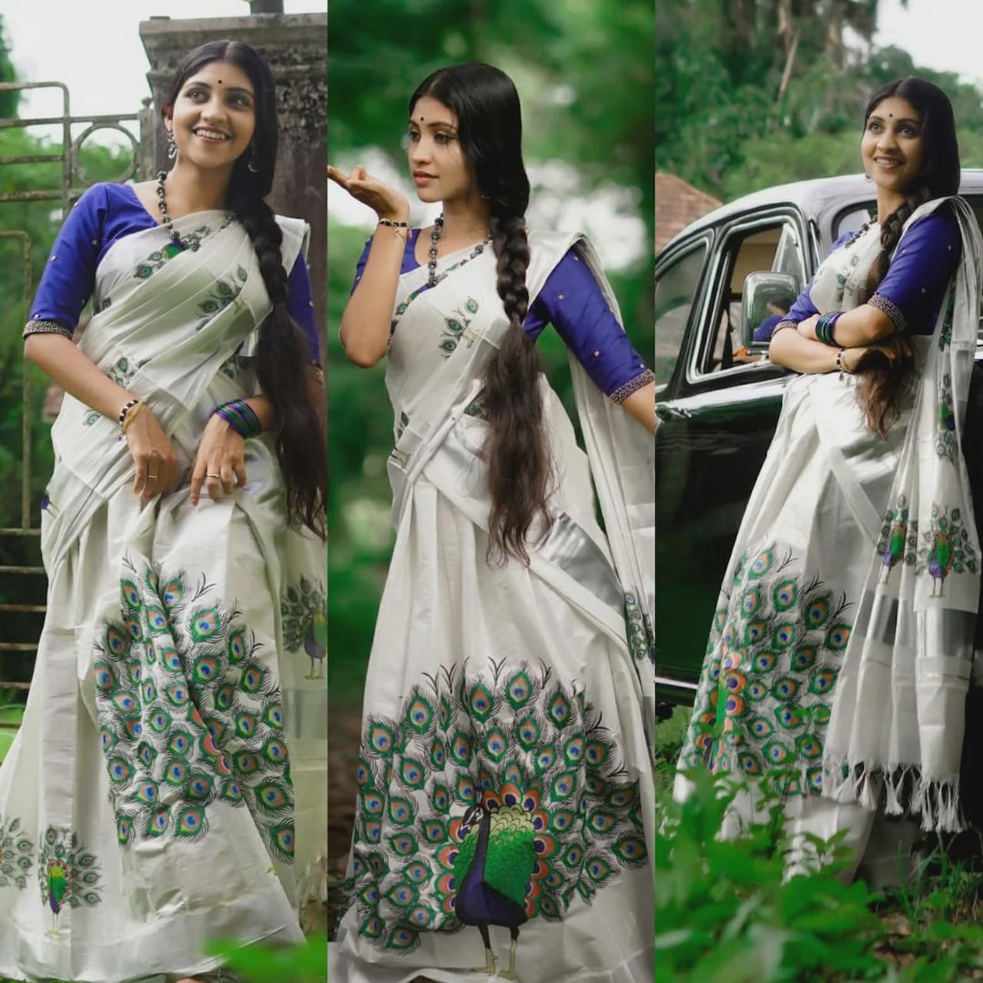Kerala Traditional Silver Tissue Peacock Printed Davani Set, Skirt ...