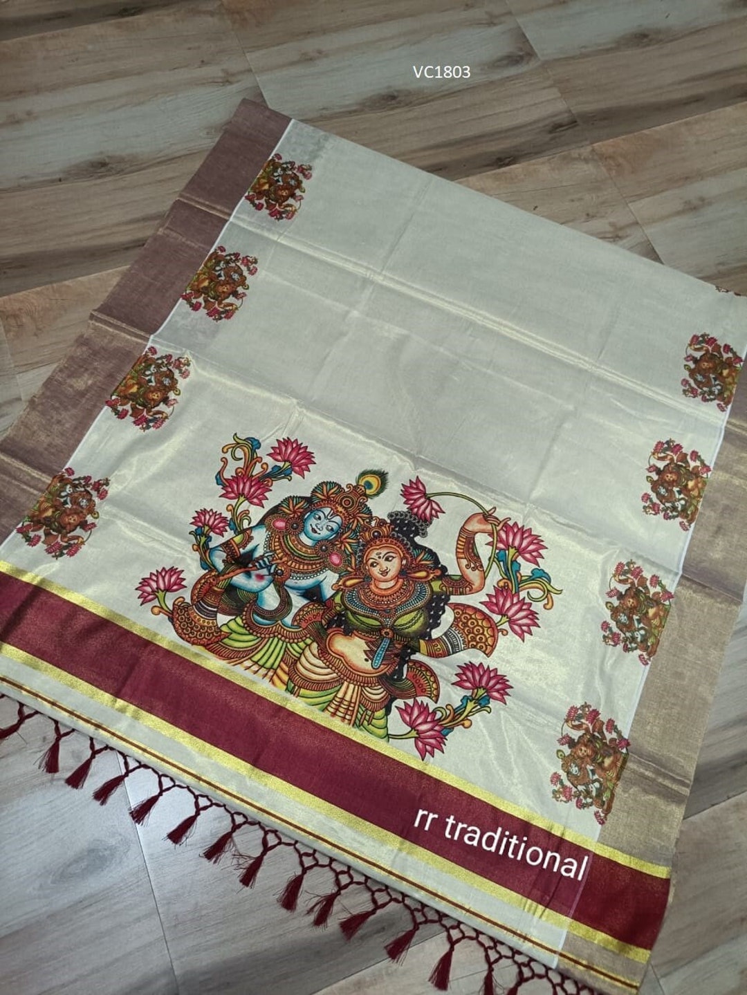 Kerala Traditional Big Mural Printed Tissue Saree With Stiched Blouse ...