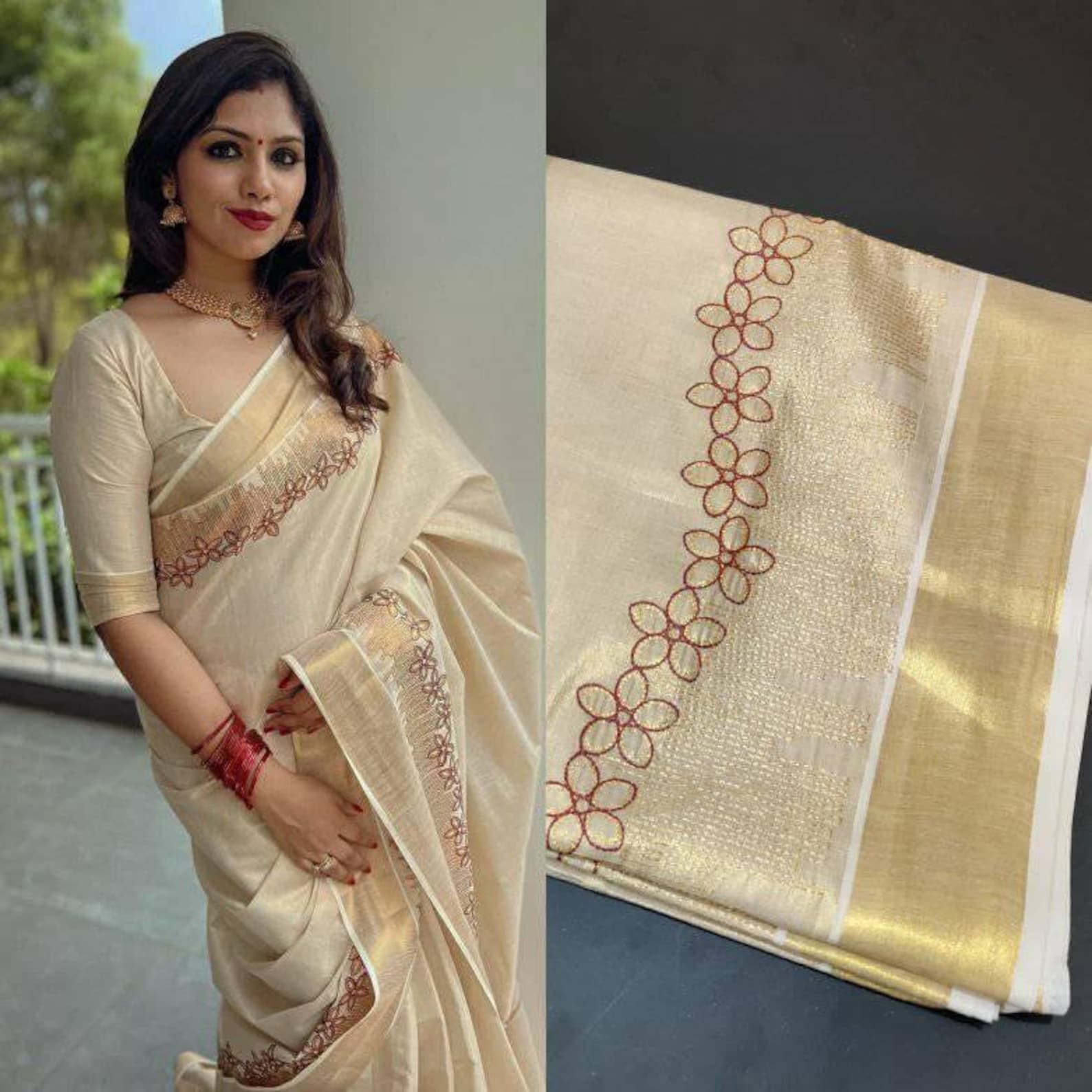Onam Dress, Kerala Traditional Floral Shed Embroidered Tissue Saree ...