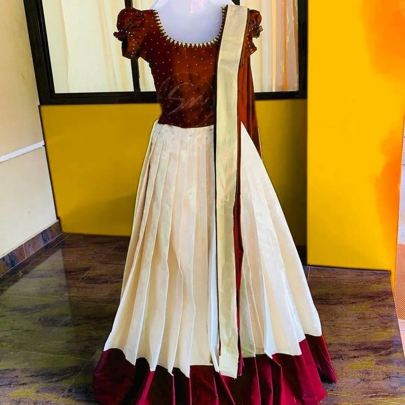 Kerala Golden Tissue Neck Worked Dhavani Lehanka Material ,skirt ...