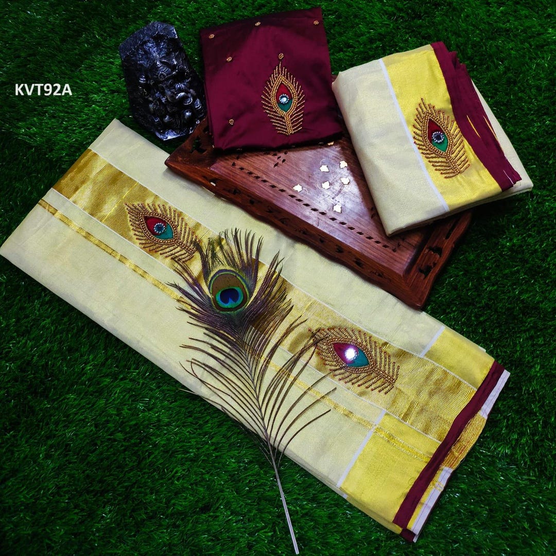 Kerala Tissue Set Mundu/ Aari Work Design With Blouse Material / Ready ...