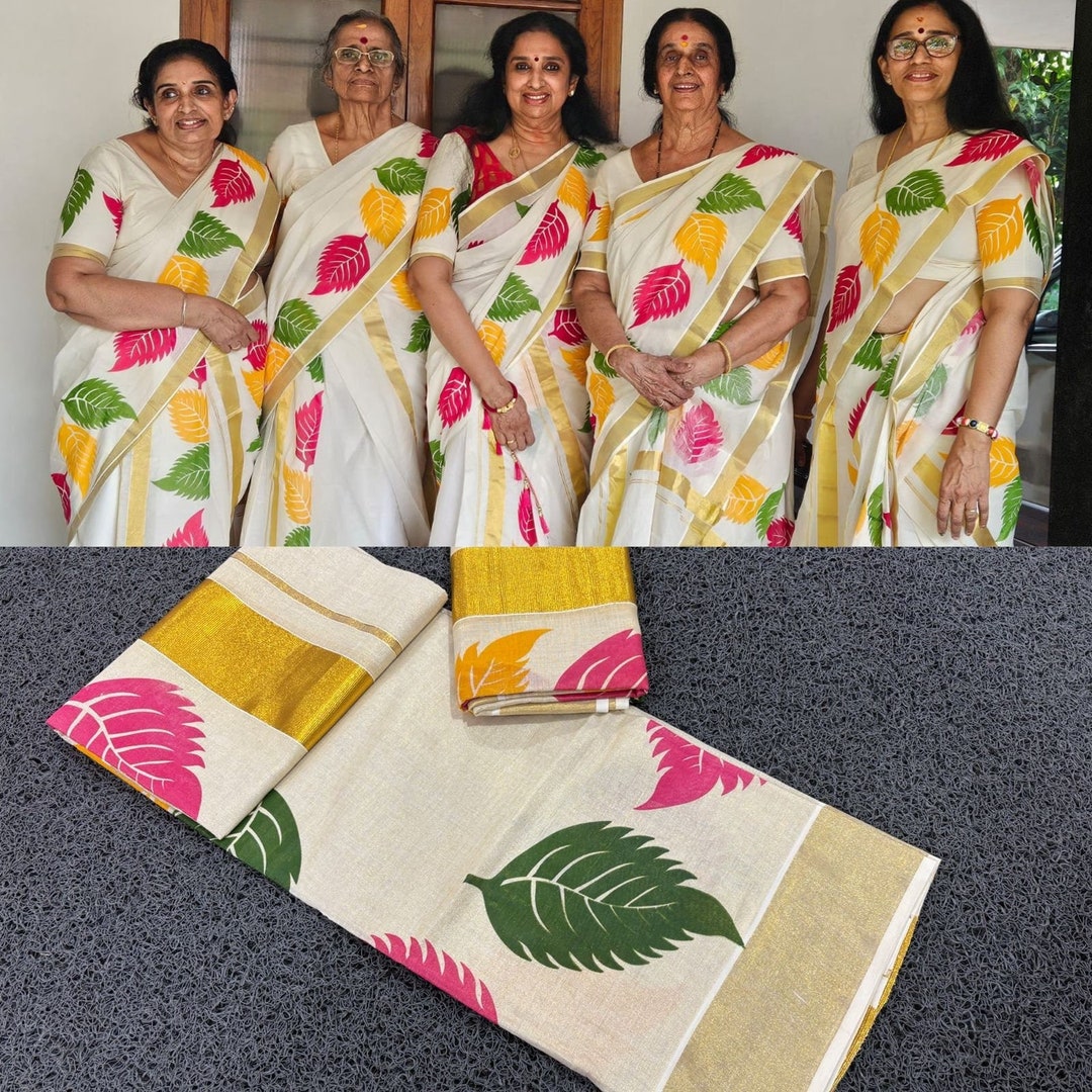 Kerala Special Leaf Multi Colour Golden Tissue Set Mundu Hand Work With ...