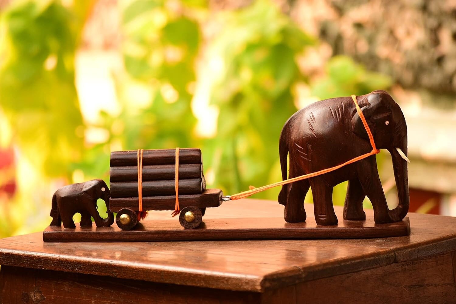 Wood Cart Elephant With Baby ,log Pulling Elephant,wooden Curiosity ...