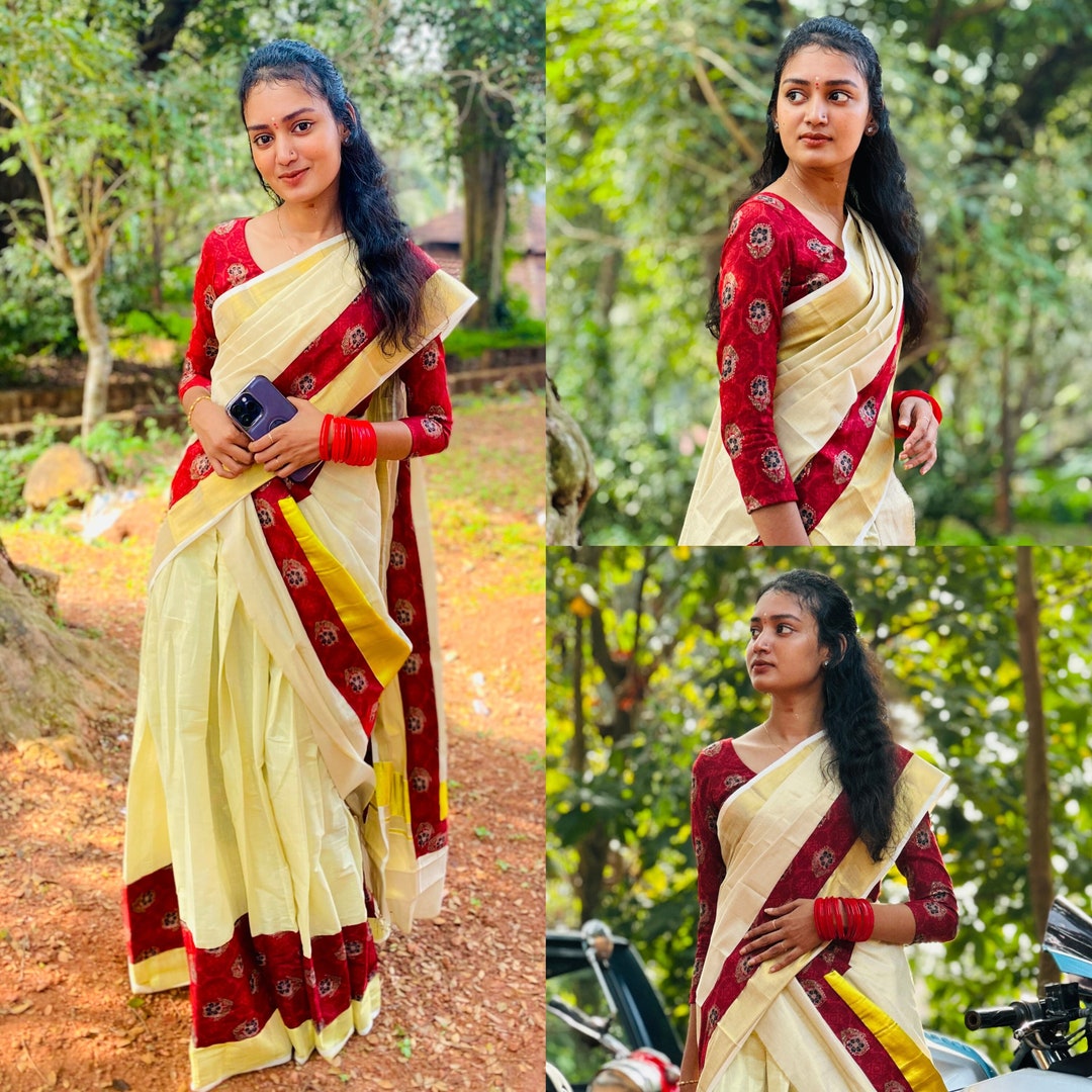 Kerala Ajrakh Golden Tissue Davani Skirt Stiched and Blouse Material ...