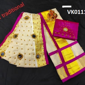 Onam Dress Kerala Davani Material 3 Pcs - 6 Mirrors Stitched on Shawl ...