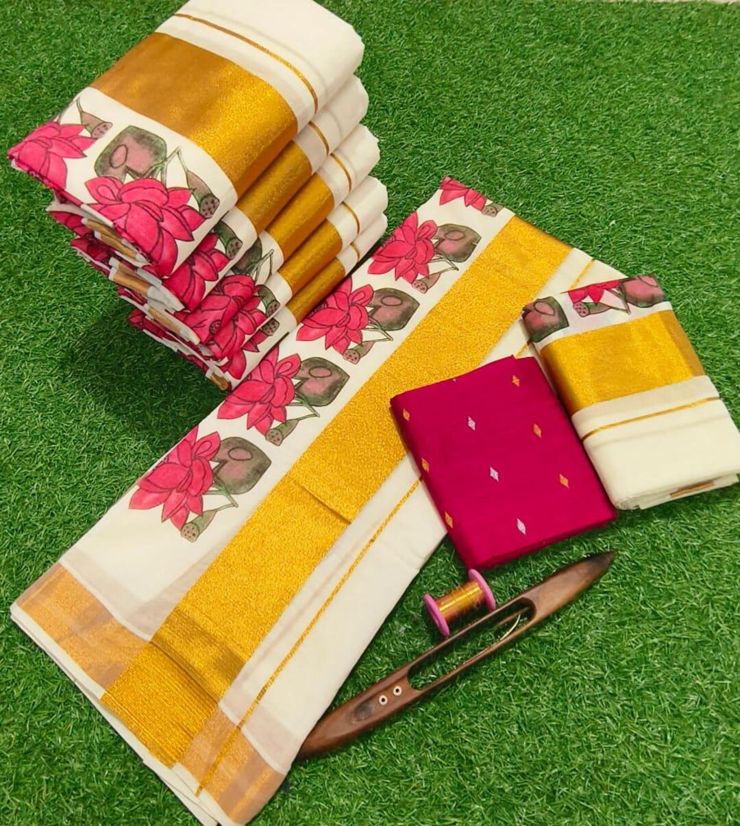Kerala Special Cotton Lotus Flower Printed Set Mundu 2.80 With Stitched Blouse or Blouse ...