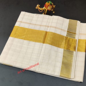Kerala Traditional Golden Full Check Cotton Saree With Stitched Blouse ...