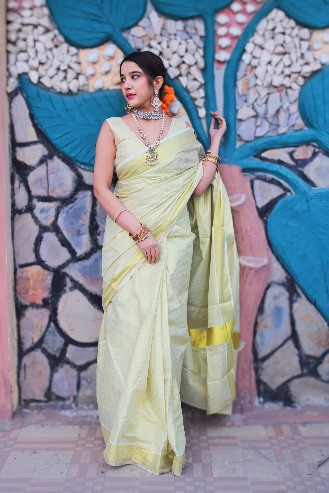 Kerala Micro Check Golden Tissue Saree Handloom Shade Tissue 6.25 Mtr ...