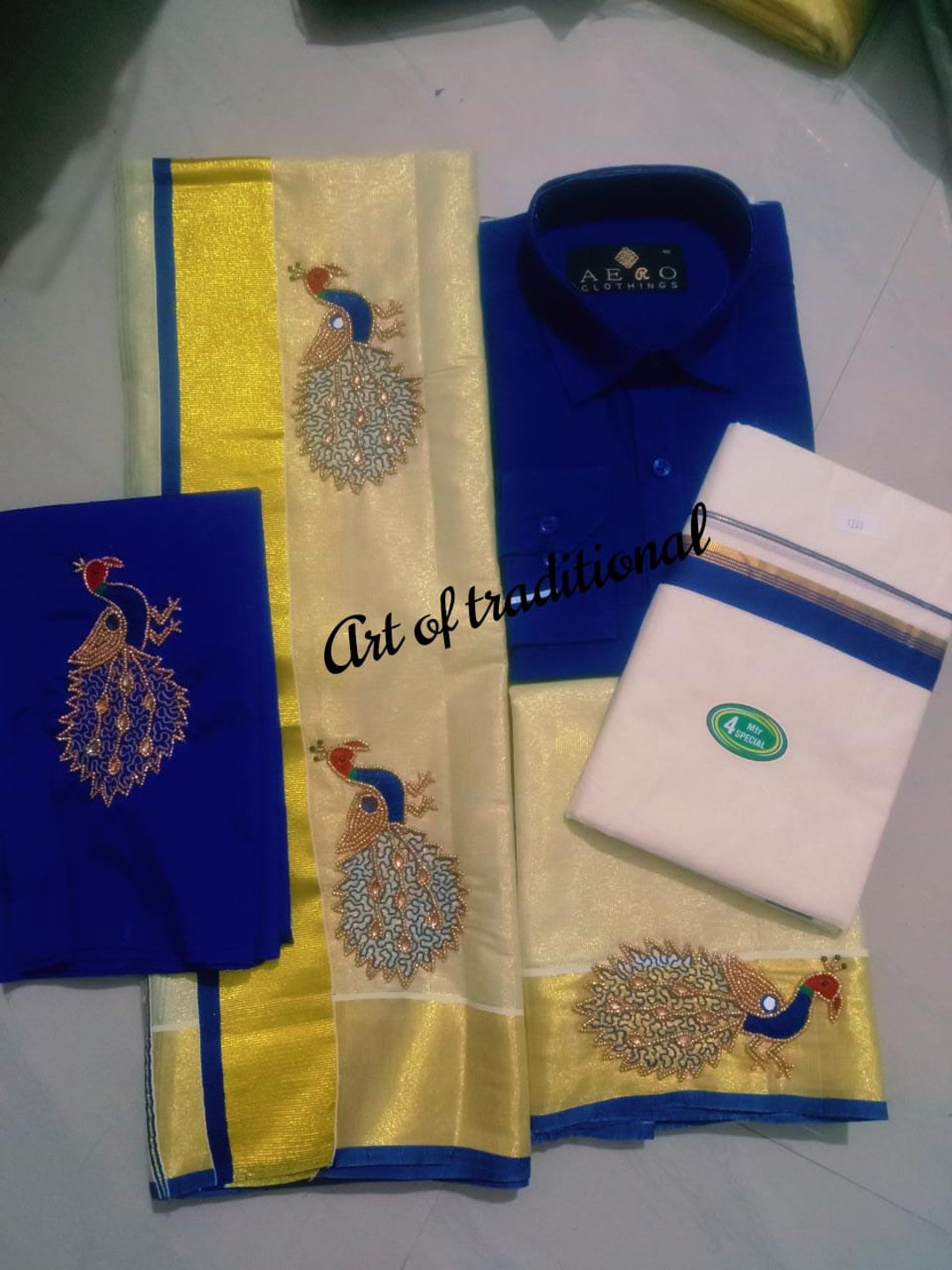 Onam Dress, Golden Tissue Handworked Set Mundu With Blouse Material or ...