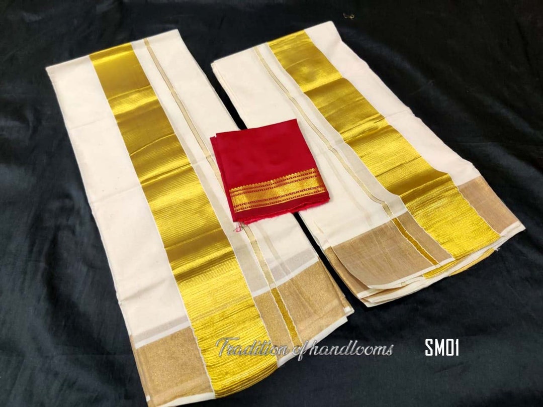 Women's Cotton Kerala Kasavu Set Mundu With Blouse Material / Indian ...