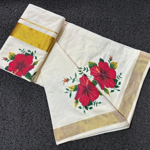 Kerala Chembartthi /hibuscs Globe Amaranth Flower Cotton Saree With ...