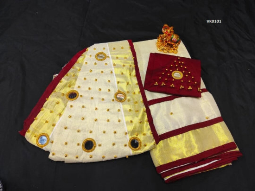 Onam Dress Kerala Davani Material 3 Pcs - 6 Mirrors Stitched on Shawl ...