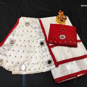 Onam Dress Kerala Davani Material 3 Pcs - 6 Mirrors Stitched on Shawl ...