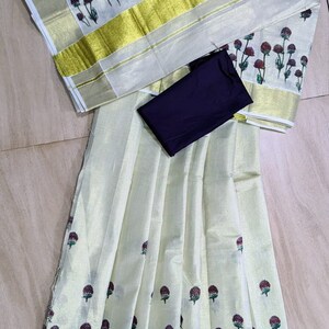 Kerala Vadamali Golden Tissue Davani With Grape Blouse Material, Onam ...