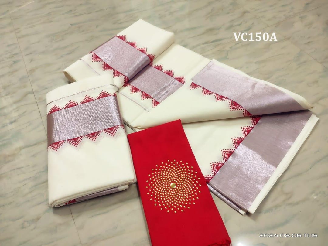 Kerala Special Silver Cotton Printed Set Mundu With Stitched Blouse or ...
