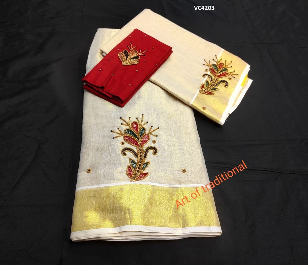 Kerala Golden Tissue Davani Set Aariwork Blouse Stitched or - Etsy
