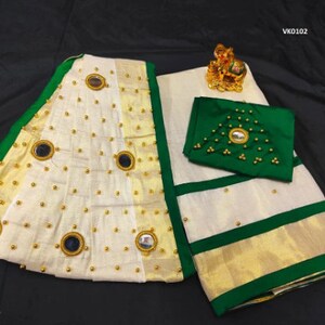 Onam Dress Kerala Davani Material 3 Pcs - 6 Mirrors Stitched on Shawl ...