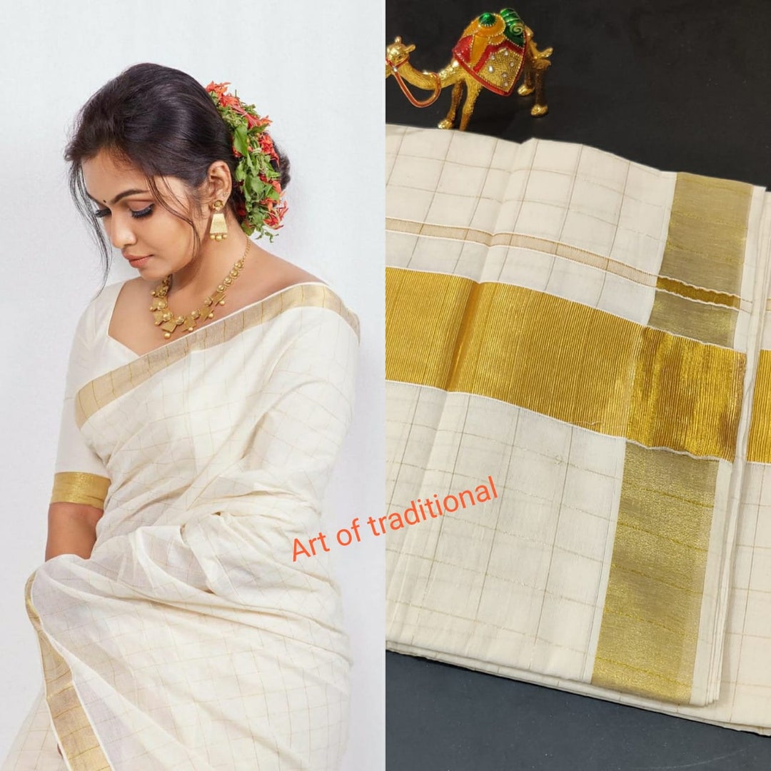 Kerala Traditional Golden Full Check Cotton Saree With Stitched Blouse ...