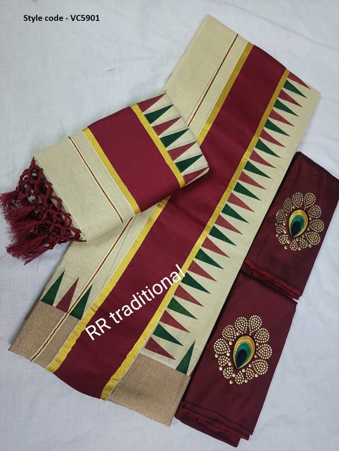 Onam Dress, Kerala Tissue Double Color Temple Printed Set Mundu With ...