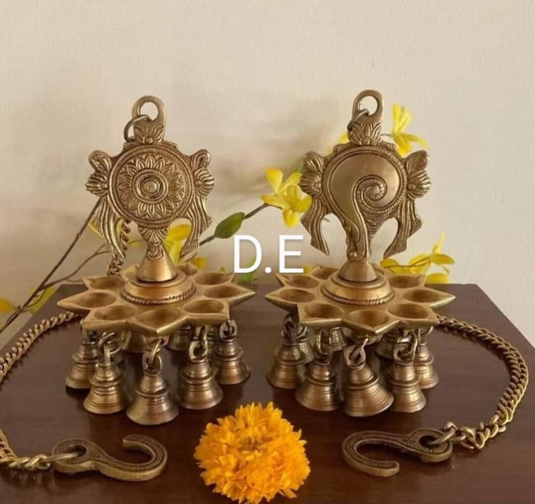 Pure Brass Hanging Conch and Chakra Deepak Pair With Hanging Bells ...