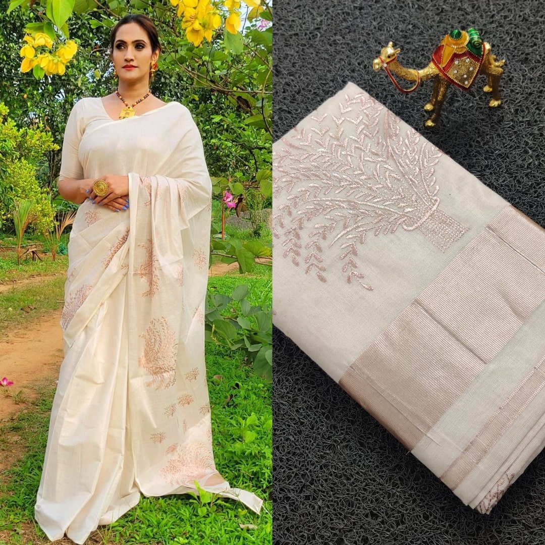Kerala Rose Gold Nelkathir Tissue Handloom Finish Saree 6.25 Mtr ...