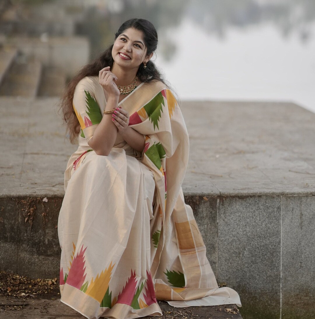 Kerala Traditional Multi Color Temple Printed Golden Tissue Saree ...