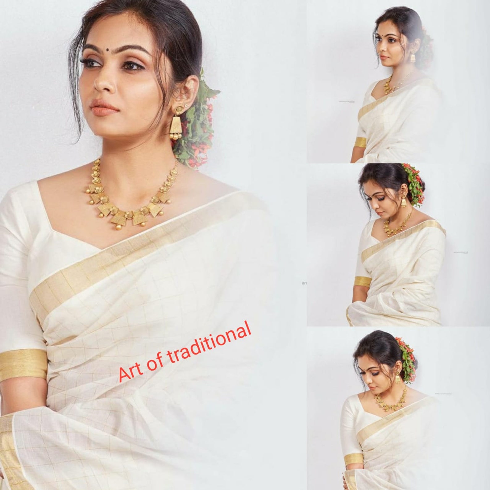 Kerala Traditional Golden Full Check Cotton Saree With - Etsy