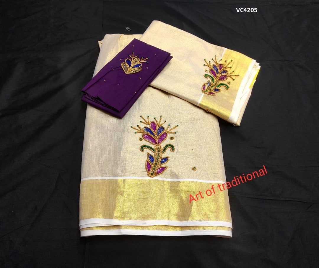 Kerala Golden Tissue Davani Set Aariwork, Blouse Stitched or Material ...