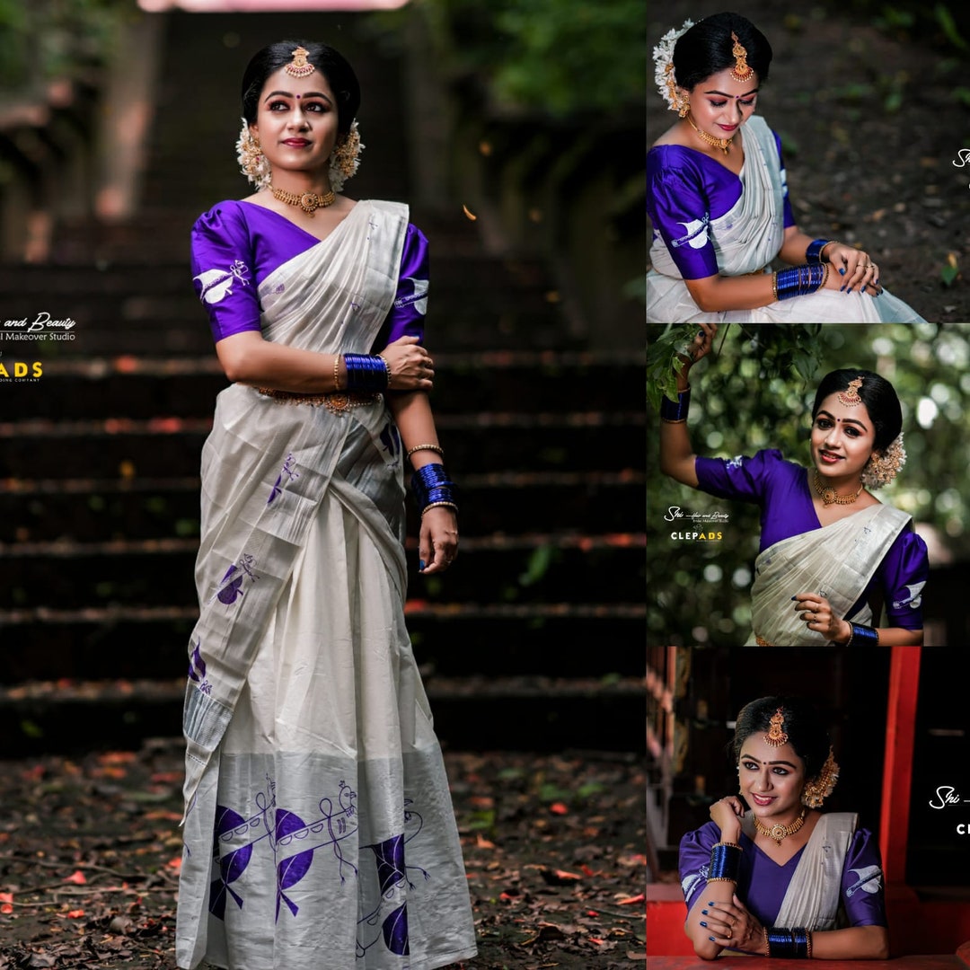 Kerala Silver Davani Material 3 Pcs, Skirt Stitched, Blouse Material ...