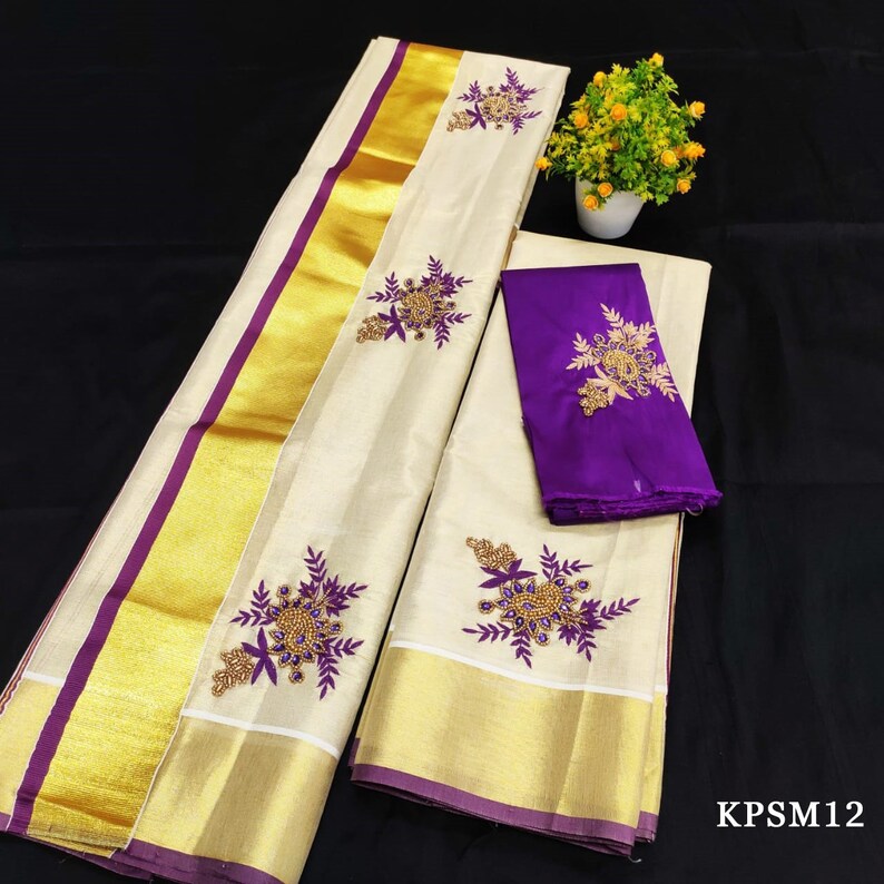 Kerala Tissue Set Mundu With Blouse Material / Indian | Etsy