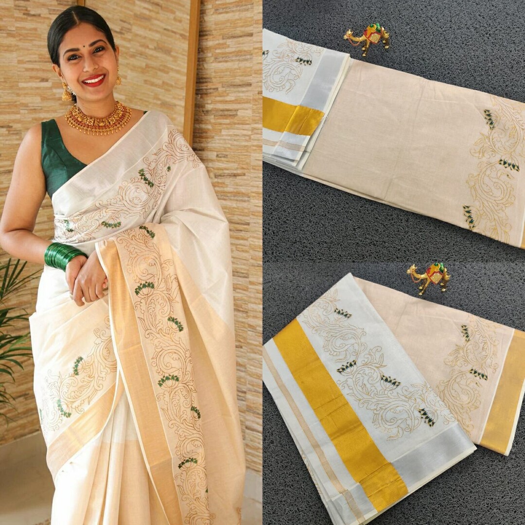 Kerala Lotus Half and Half Golden and Silver Tissue Saree 6.25 Mtr ...