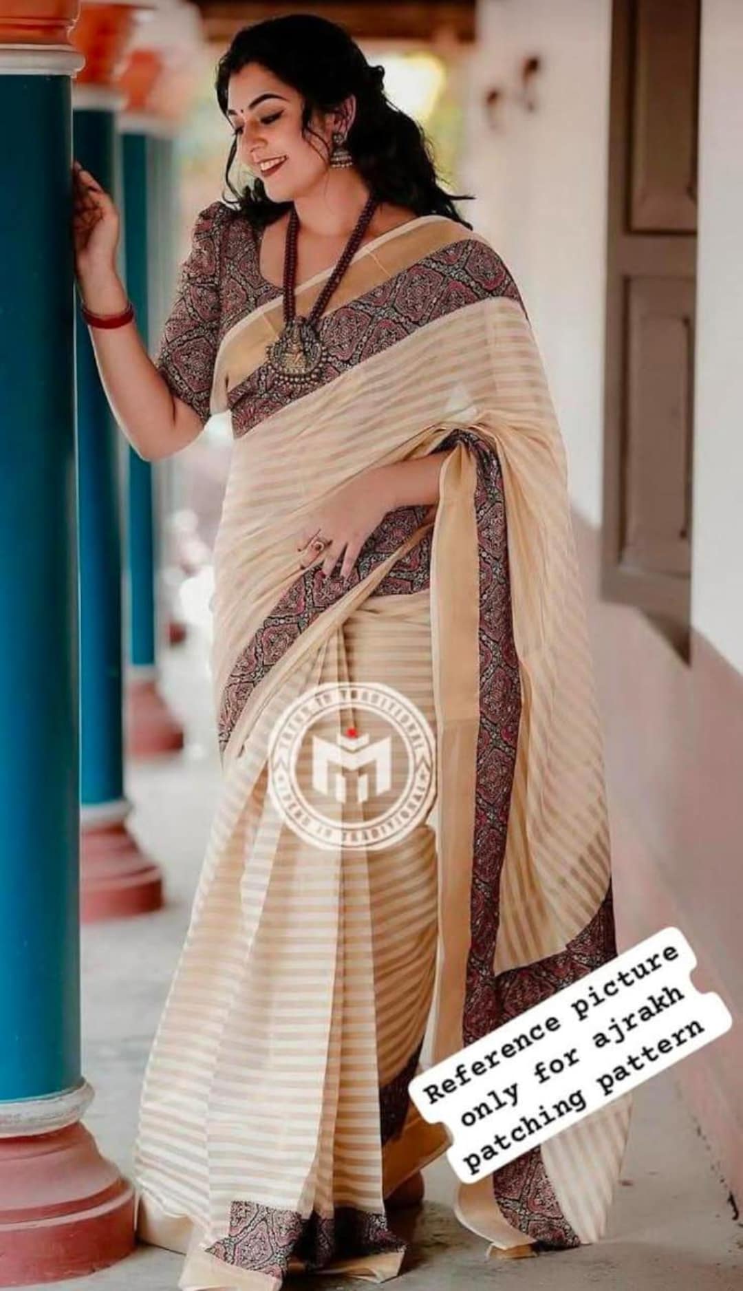 Kerala Traditional Ajrakh Patched Lines Saree With Matching Ajrakh ...