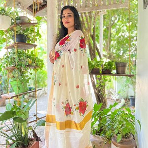 Kerala Chembartthi /hibuscs Globe Amaranth Flower Cotton Saree With ...