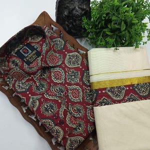 Mens Ajrakh Print Shirt Mundu Combo,kerala Traditional Wear,onam,vishu ...
