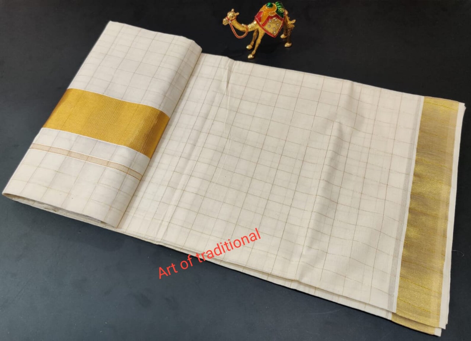 Kerala Traditional Golden Full Check Cotton Saree With - Etsy