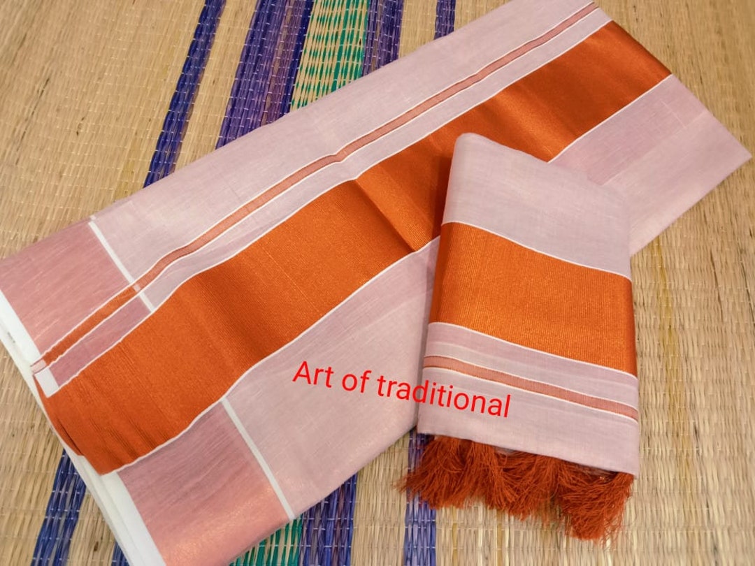 Kerala Copper Tissue Set Mundu With Kunchalam ,blouse Stitched ...