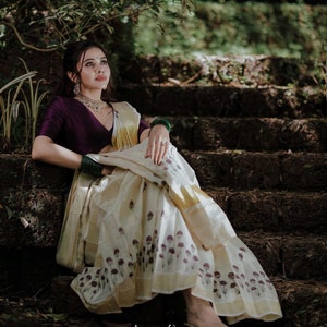 Kerala Vadamali Golden Tissue Davani With Grape Blouse Material, Onam ...