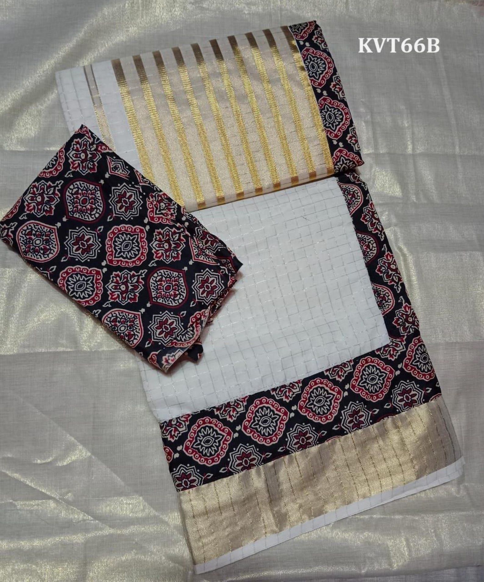 Kerala Traditional Cotton Checked Ajrakh Cotton Set Saree With Ajrakh ...