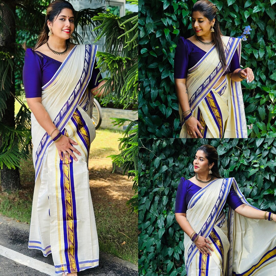 Kerala Special Mandaram Golden Tissue Set Mundu With Stitched Blouse or ...