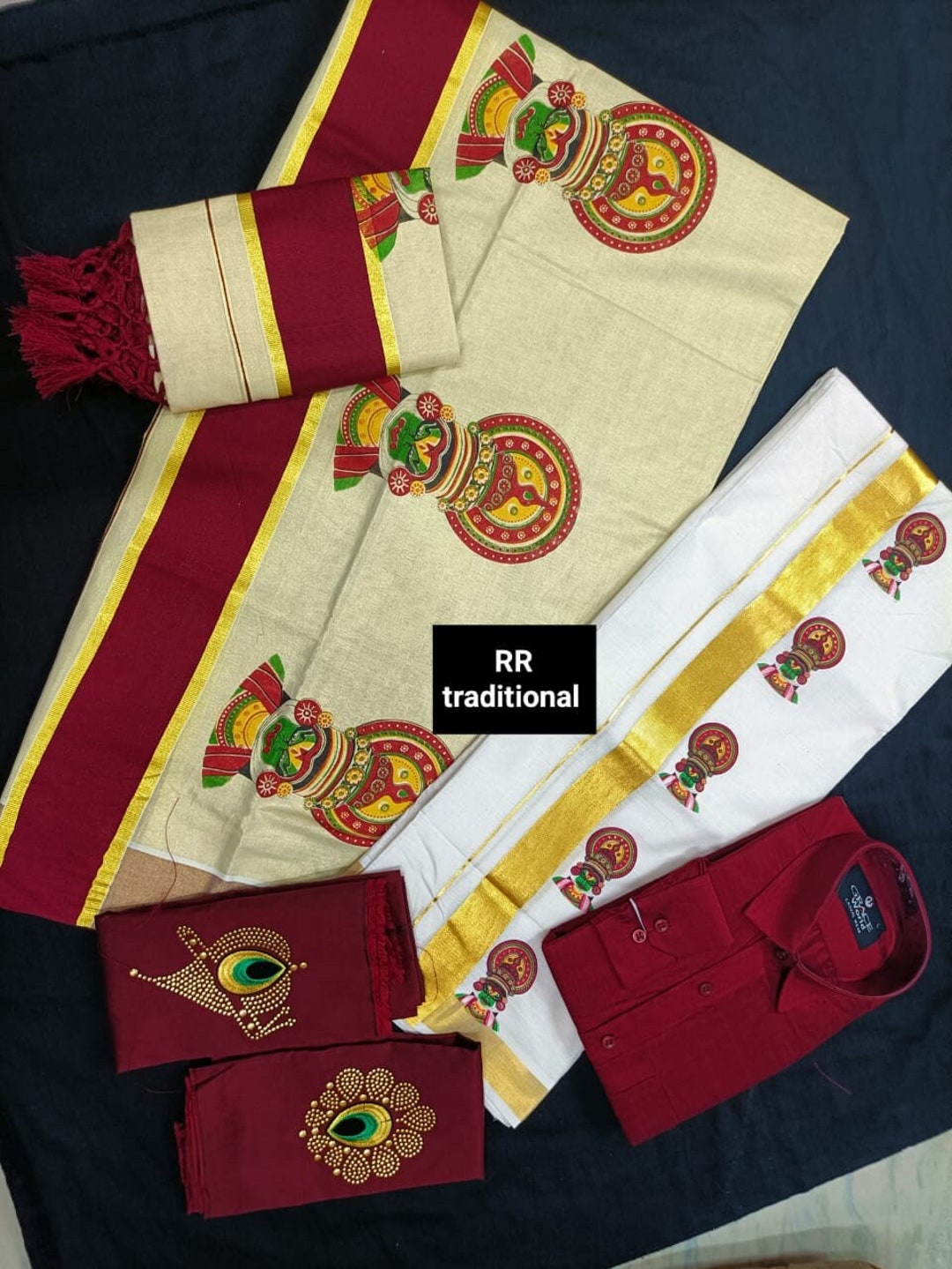 Set Mundu Golden Tissue Mural Kathakali Printed With Blouse Material or ...