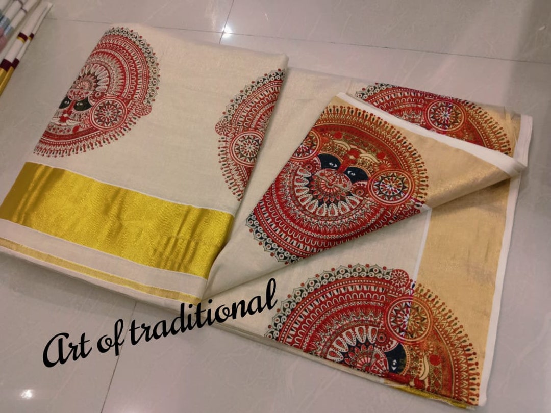 Kerala Theyyam Mural Print Golden Tissue Saree With Blouse Material or ...