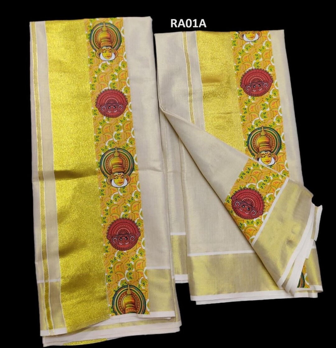 Kerala Special Full Tissue Sticker Printed Set Mundu 2.80 With Stitched ...