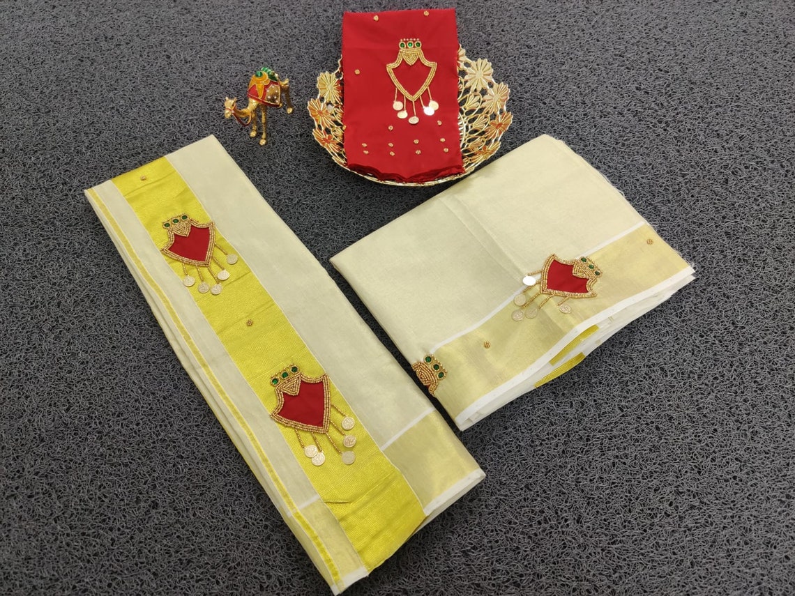 Kerala Lakshmi Coin Palakka Design Set Mundu With Stitched - Etsy