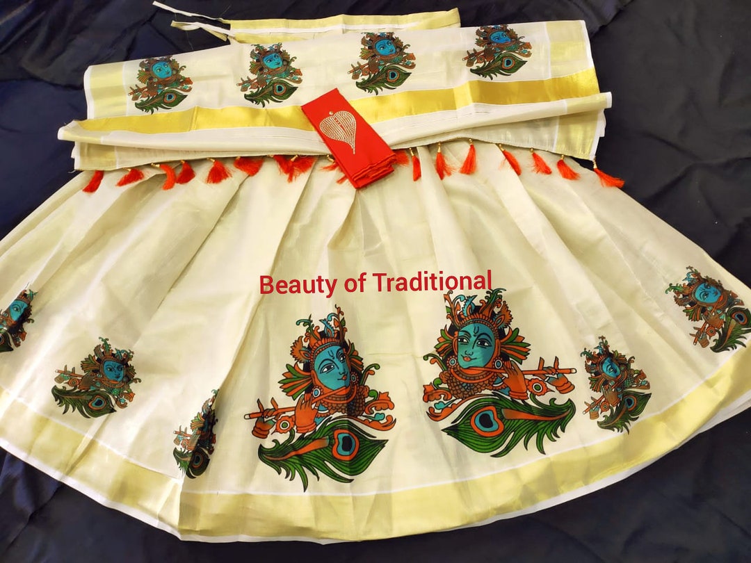 Kerala Tissue Mural Work Davani Skirt Stitched Free Size with Blouse ...