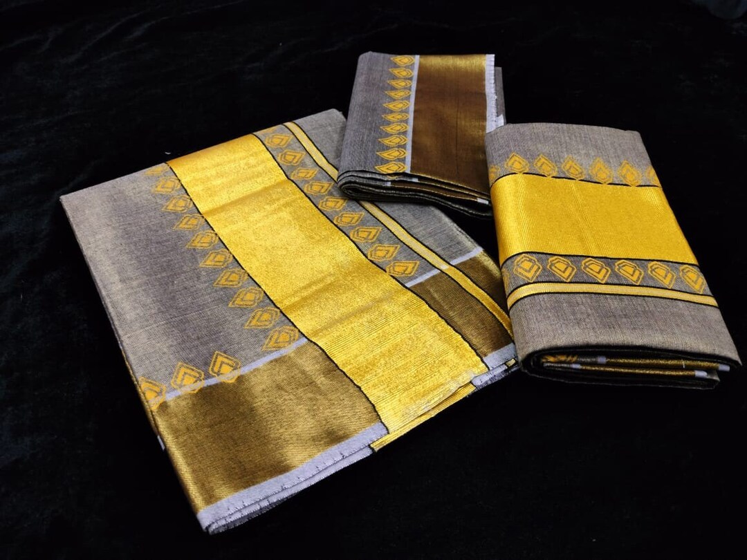 Kerala Special Golden Temple Print Color Tissue Set Mundu With Blouse 1 ...