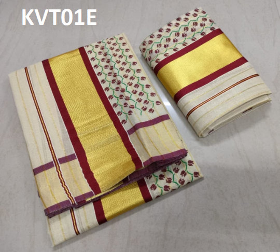 Fancy Tissue Strips With Rose Printed Set Mundu With Blouse Material or ...
