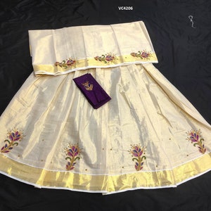Kerala Golden Tissue Davani Set Aariwork, Blouse Stitched or Material ...