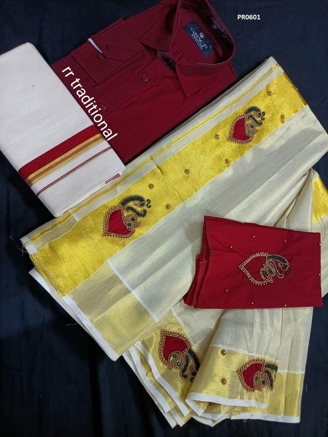 Kerala Golden Tissue Hand Worked Set Mundu / Set Saree With Men's Shirt ...